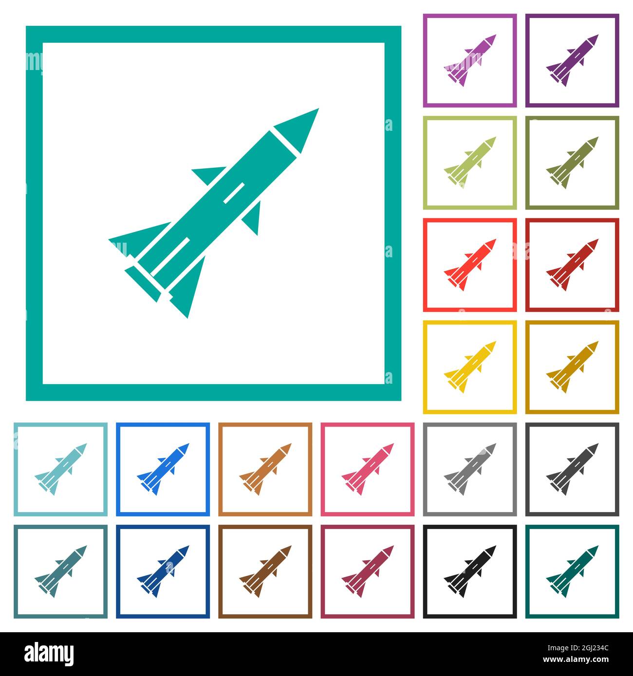 Ballistic missile flat color icons with quadrant frames on white ...