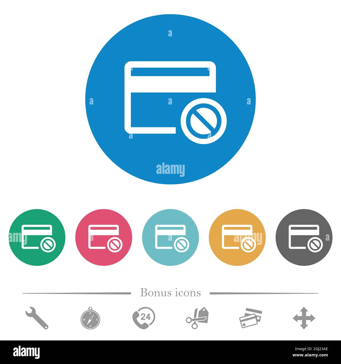 Credit card disabled flat white icons on round color backgrounds. 6 ...