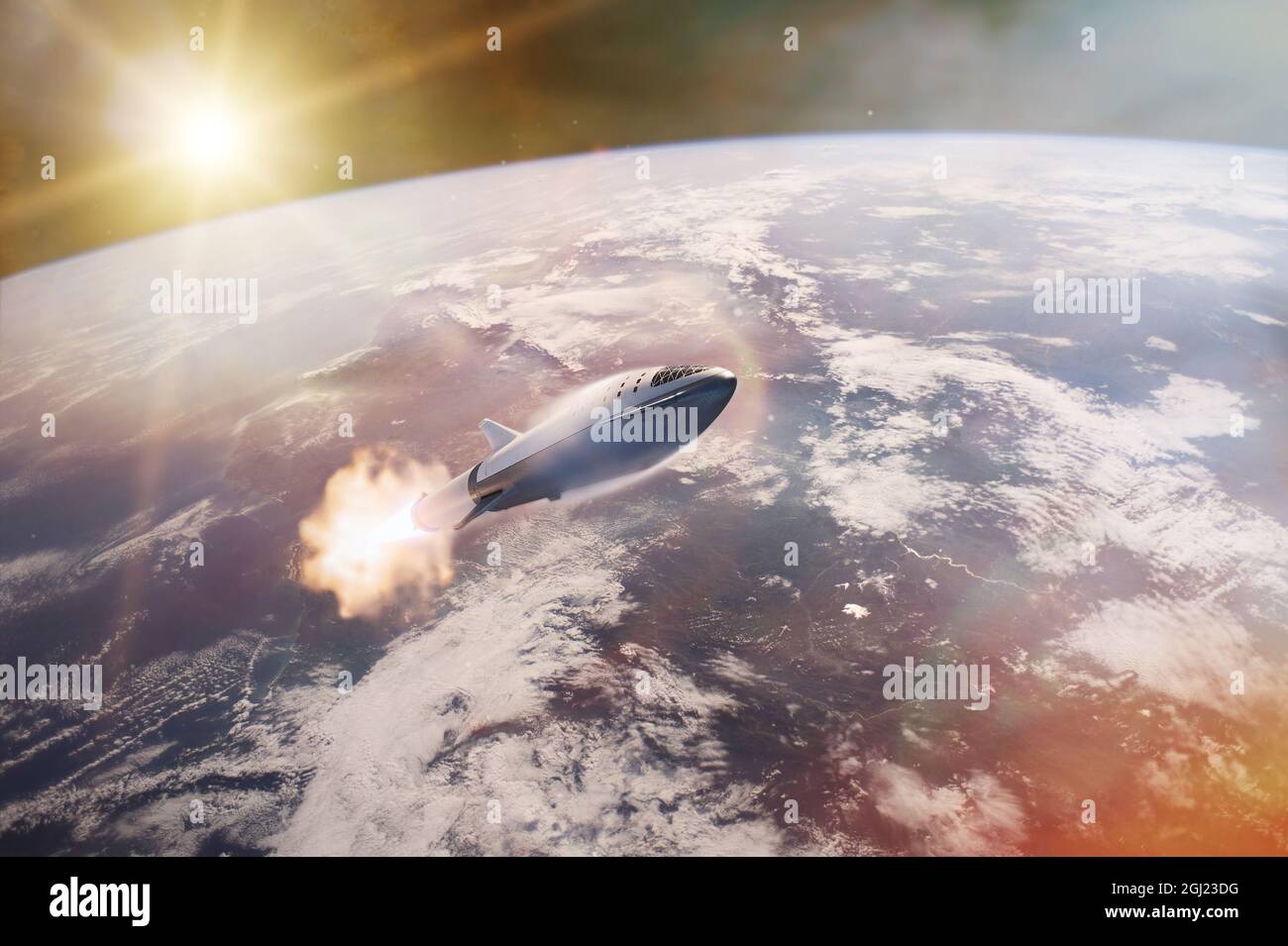 Starship taking off on a mission on background of Earth planet ...