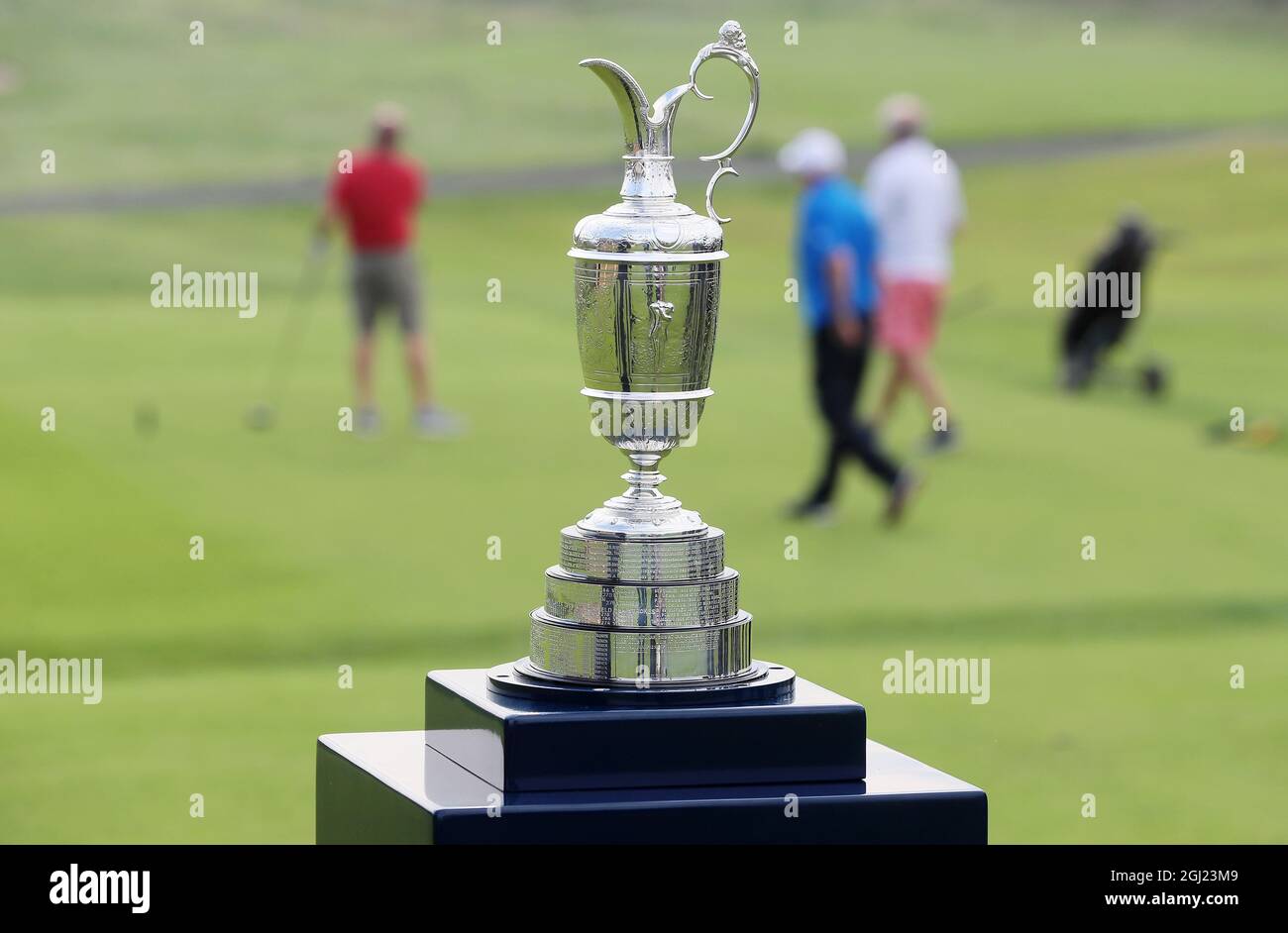 The Claret Jug on a podium on the 1st tee box at Royal Portrush Golf ...