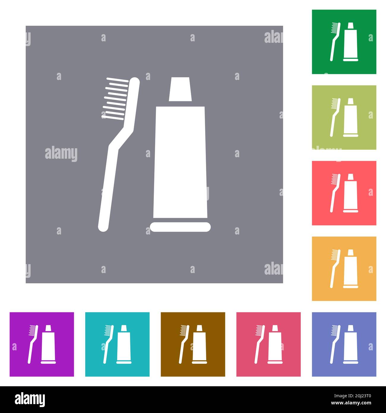 Toothbrush and toothpaste tube flat icons on simple color square ...