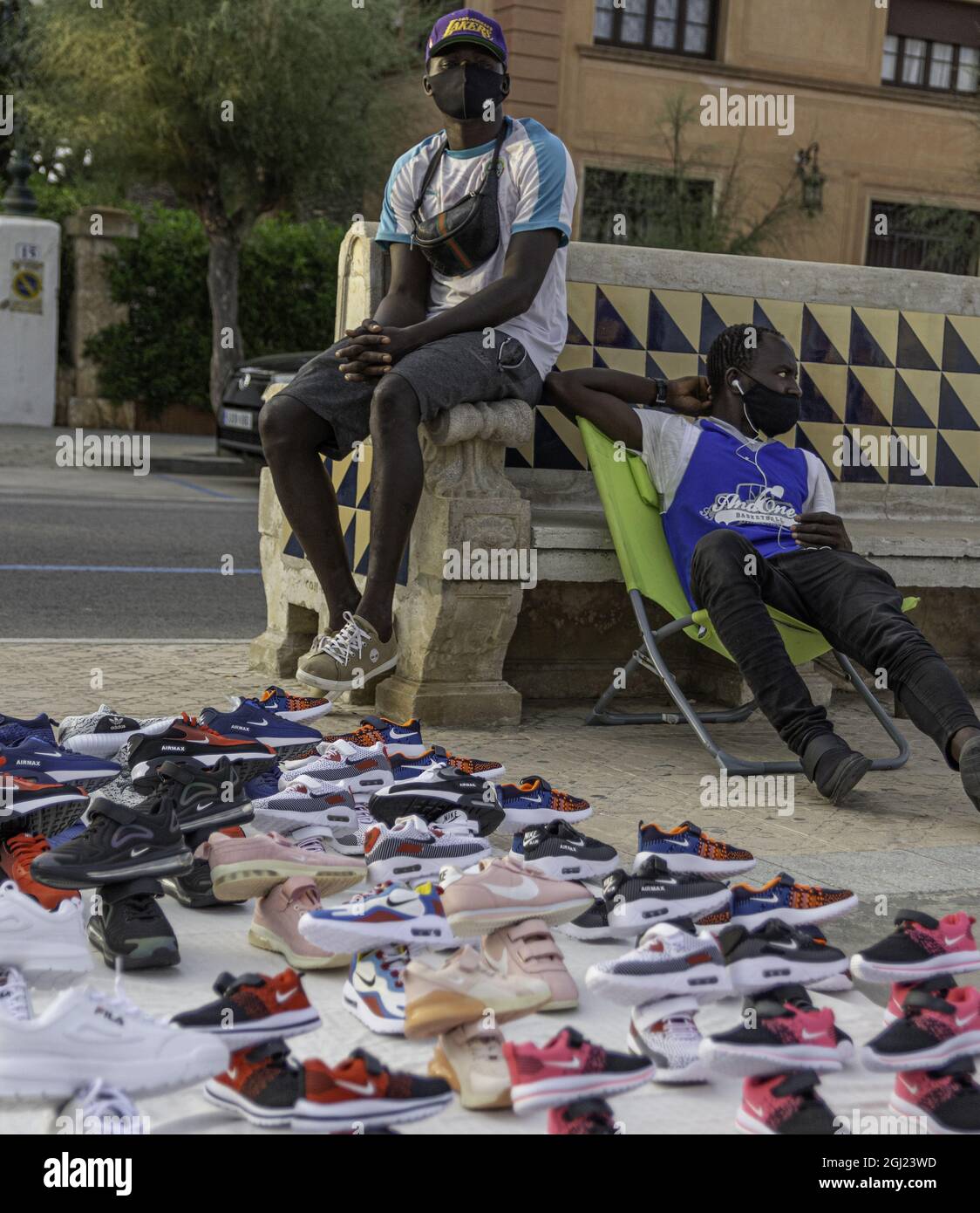 BARCELONA, SPAIN - Oct 26, 2020: The Black man selling clothes on the ...