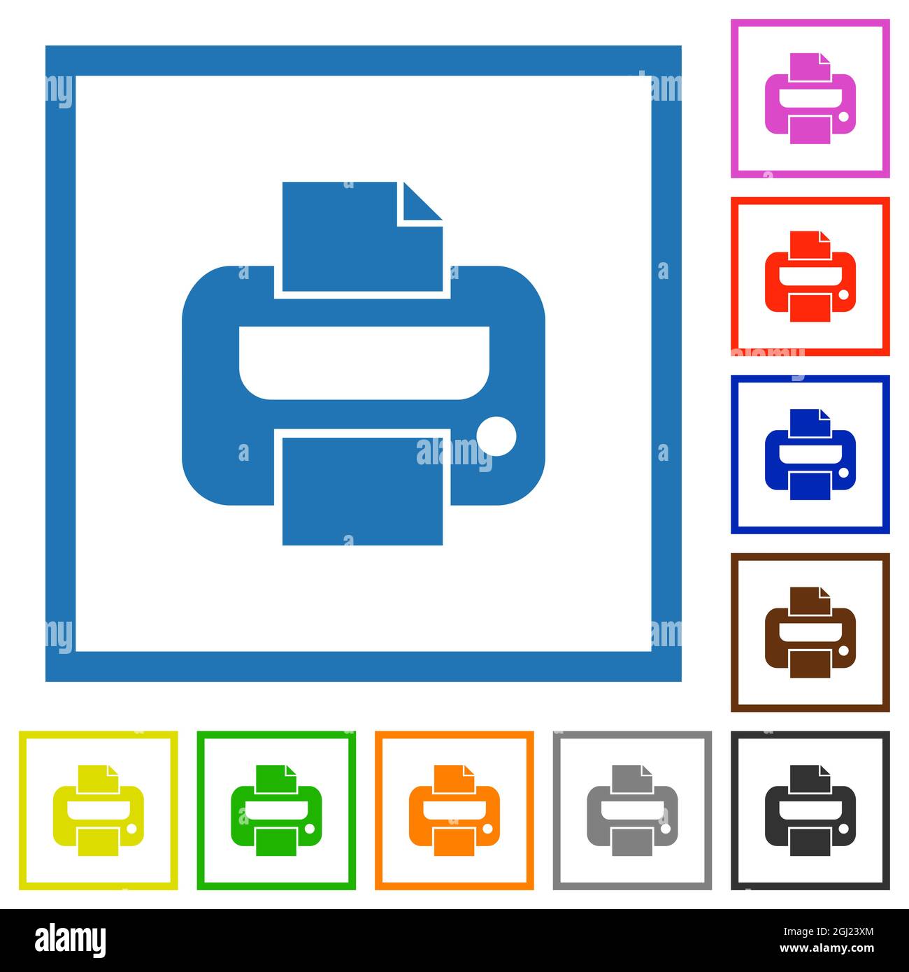 Printer solid flat color icons in square frames on white background ...