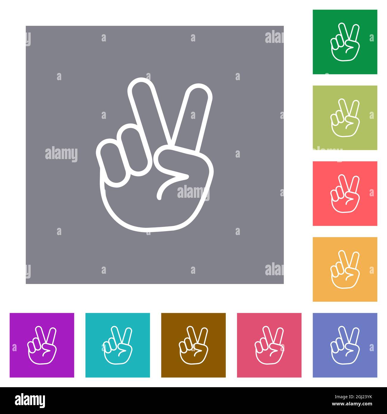 Victory sign hand gesture flat icons on simple color square backgrounds ...
