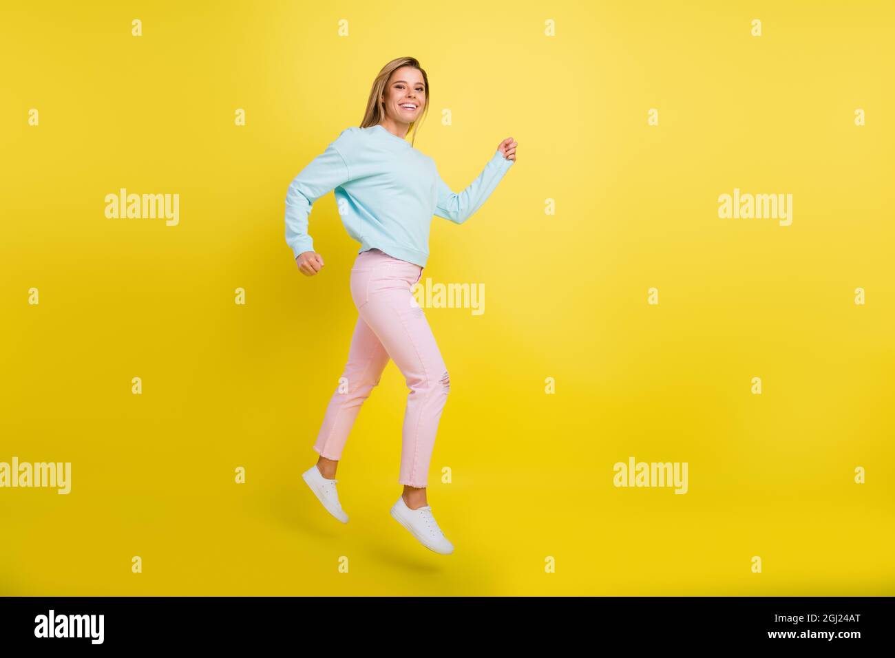 Full length body size profile side view of attractive cheerful girl ...