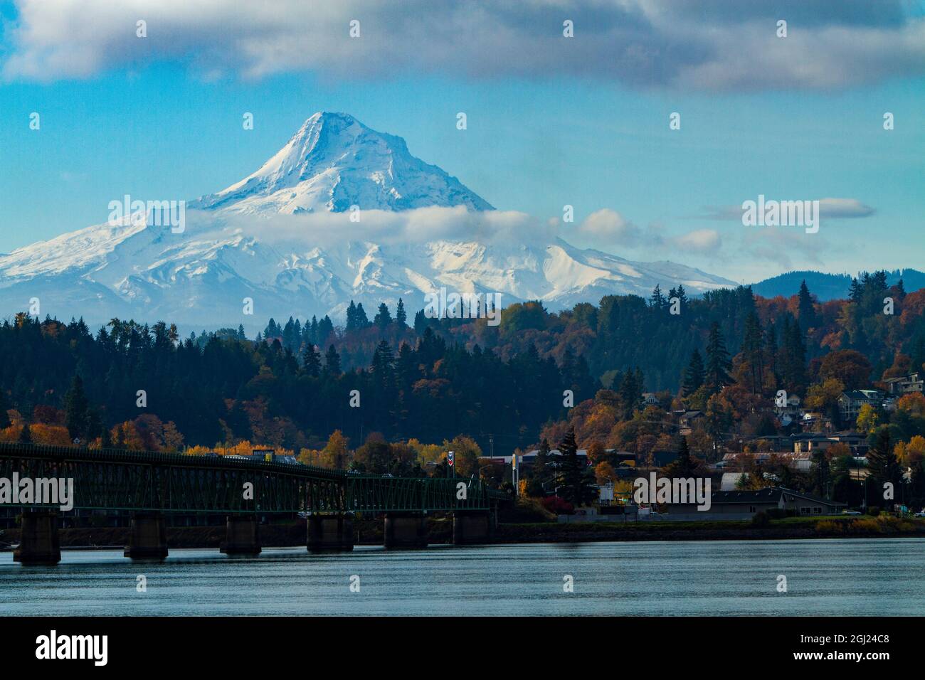 USA, Oregon. Mount Hood with Hood River Bridge in the foreground Stock ...