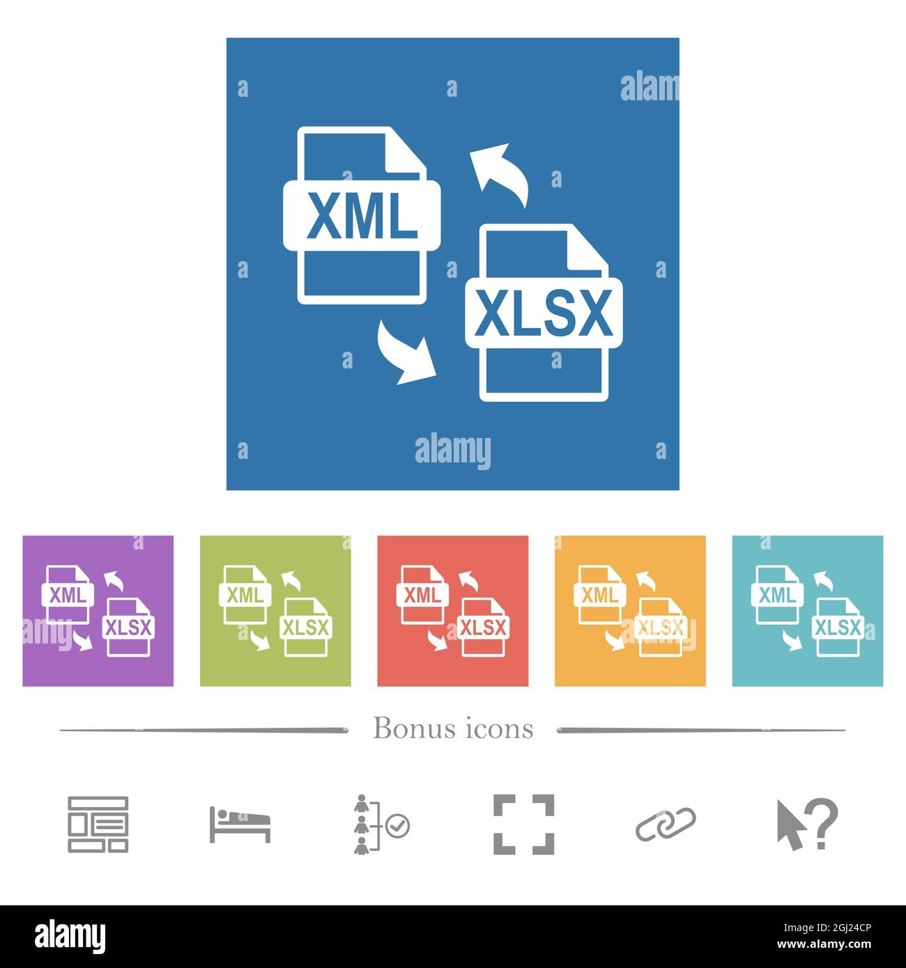 XML XLSX file conversion flat white icons in square backgrounds. 6 bonus icons included Stock ...