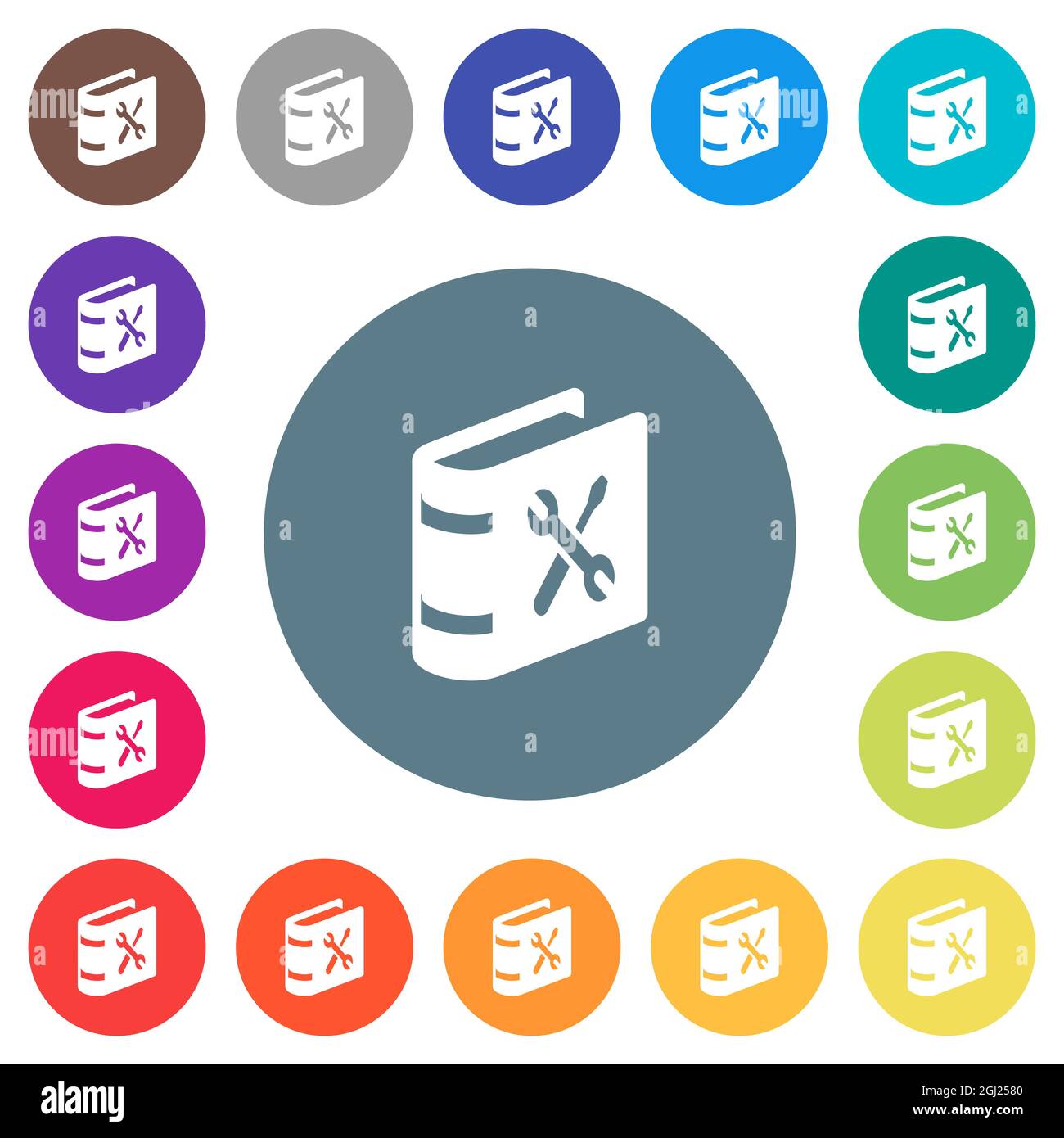 User guide with wrench and screwdriver flat white icons on round color ...