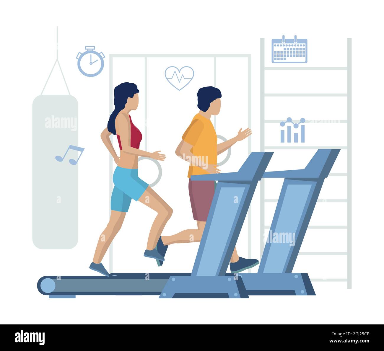 Couple running on treadmills, vector illustration. Fitness gym ... Couple running on treadmills, vector illustration. Fitness gym ...