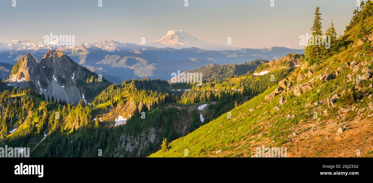 USA. Washington State. Panorama of Mt. Adams, Goat Rocks and Double ...