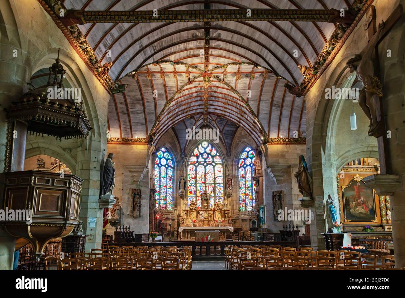 Interior of the church of Pleyben in Finistère, Brittany France Stock ...