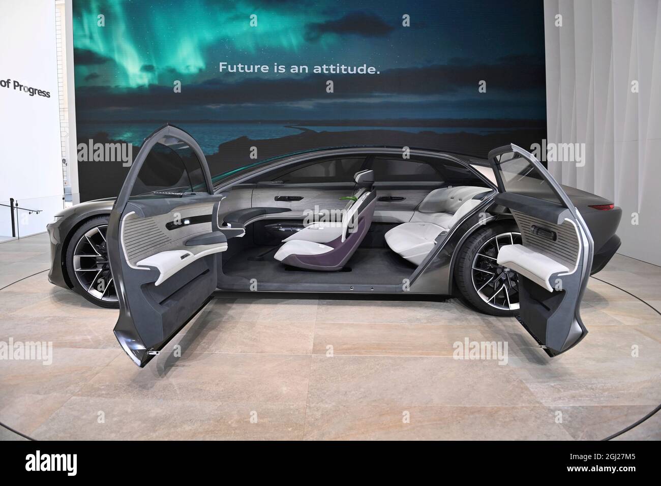 Munich. 12th Sep, 2021. AUDI booth at Wittelsbacherplatz with the Audi ...