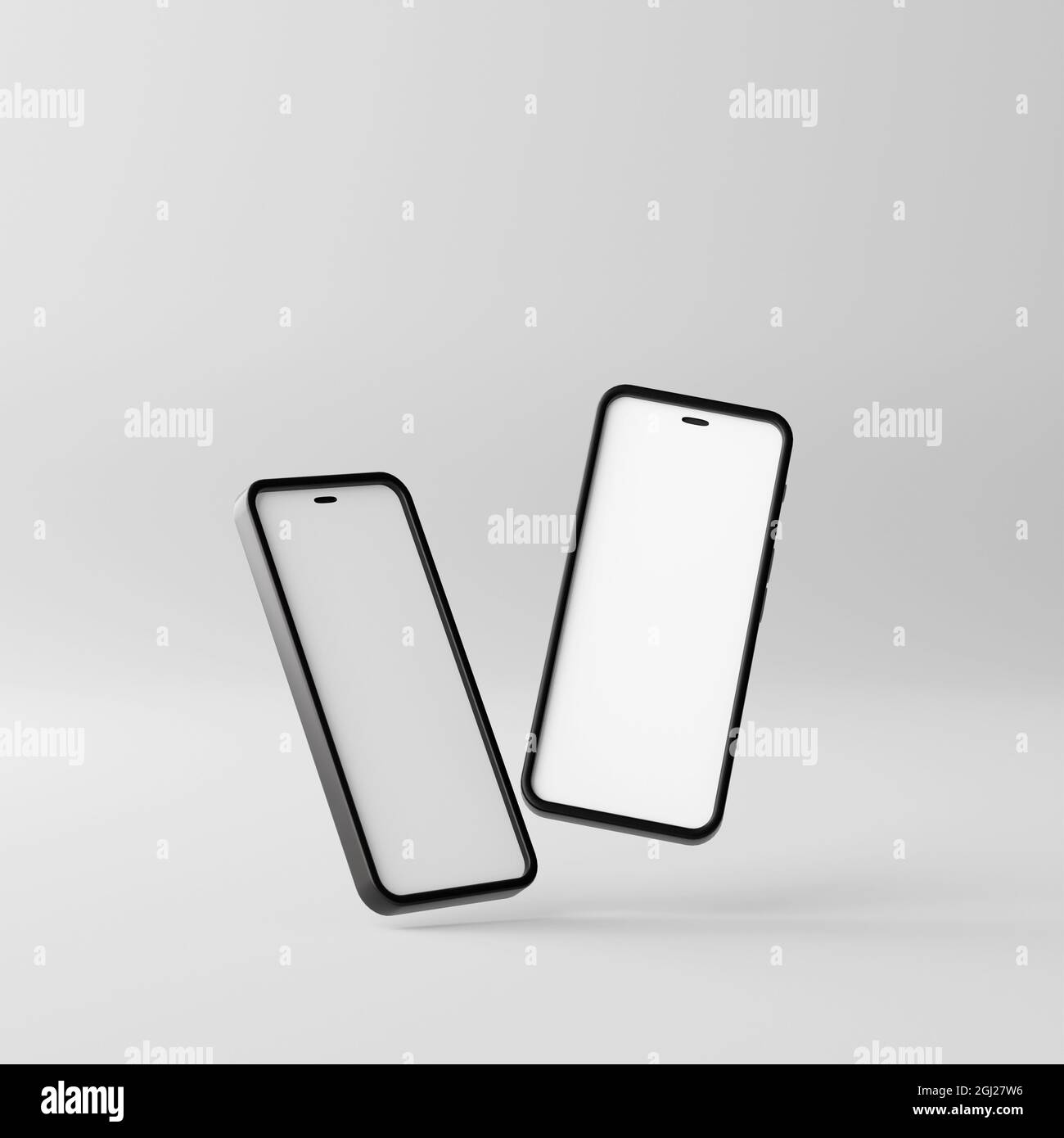 Two smart phone with blank screen on grey background. 3d rendering ...