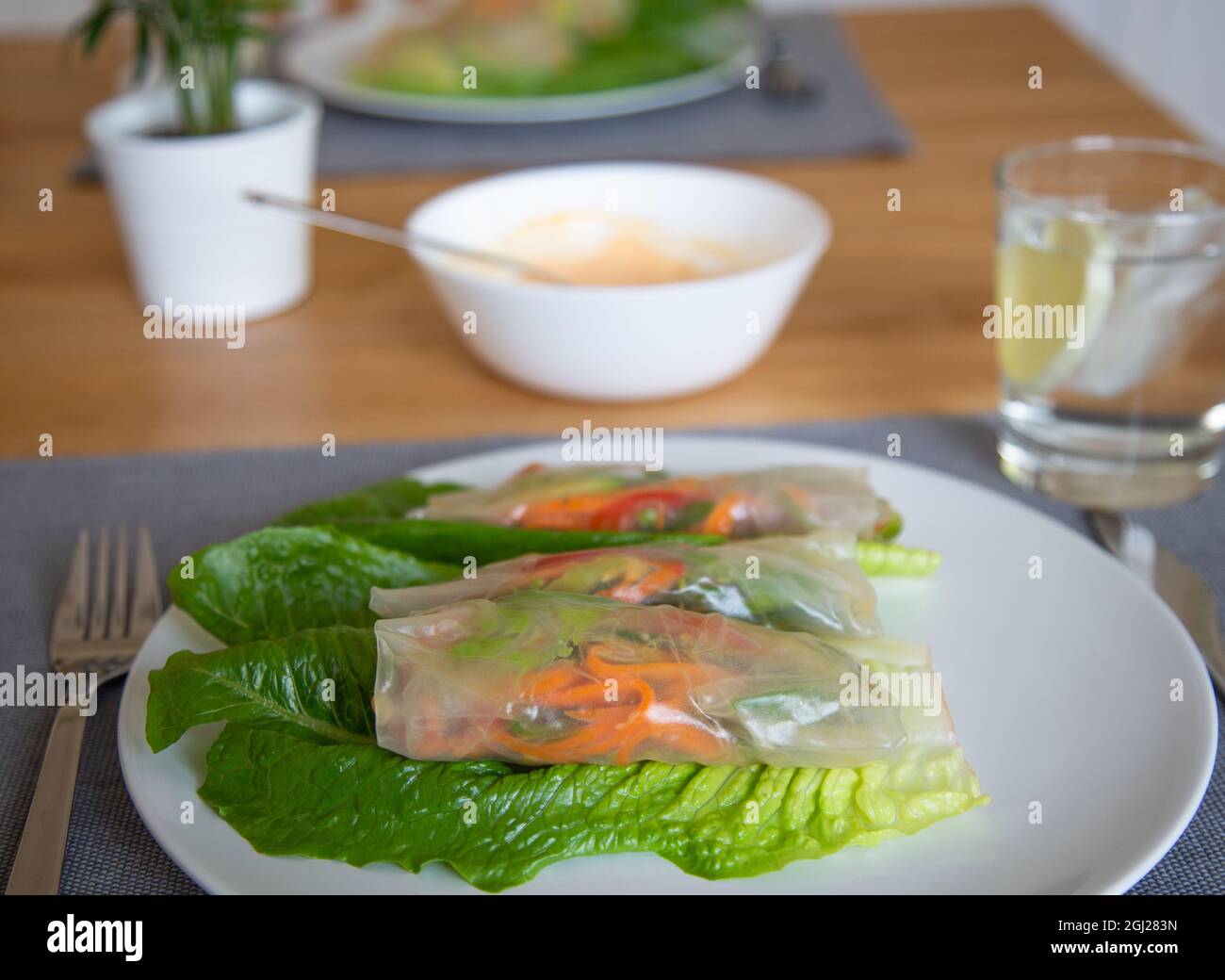 Spring rolls on the plate. Healthy vegetarian food. Vegan. Rice paper ...