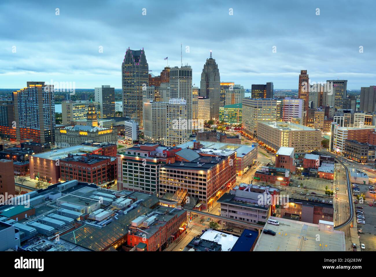 Detroit, Michigan, USA downtown skyline from above at dusk Stock Photo ...