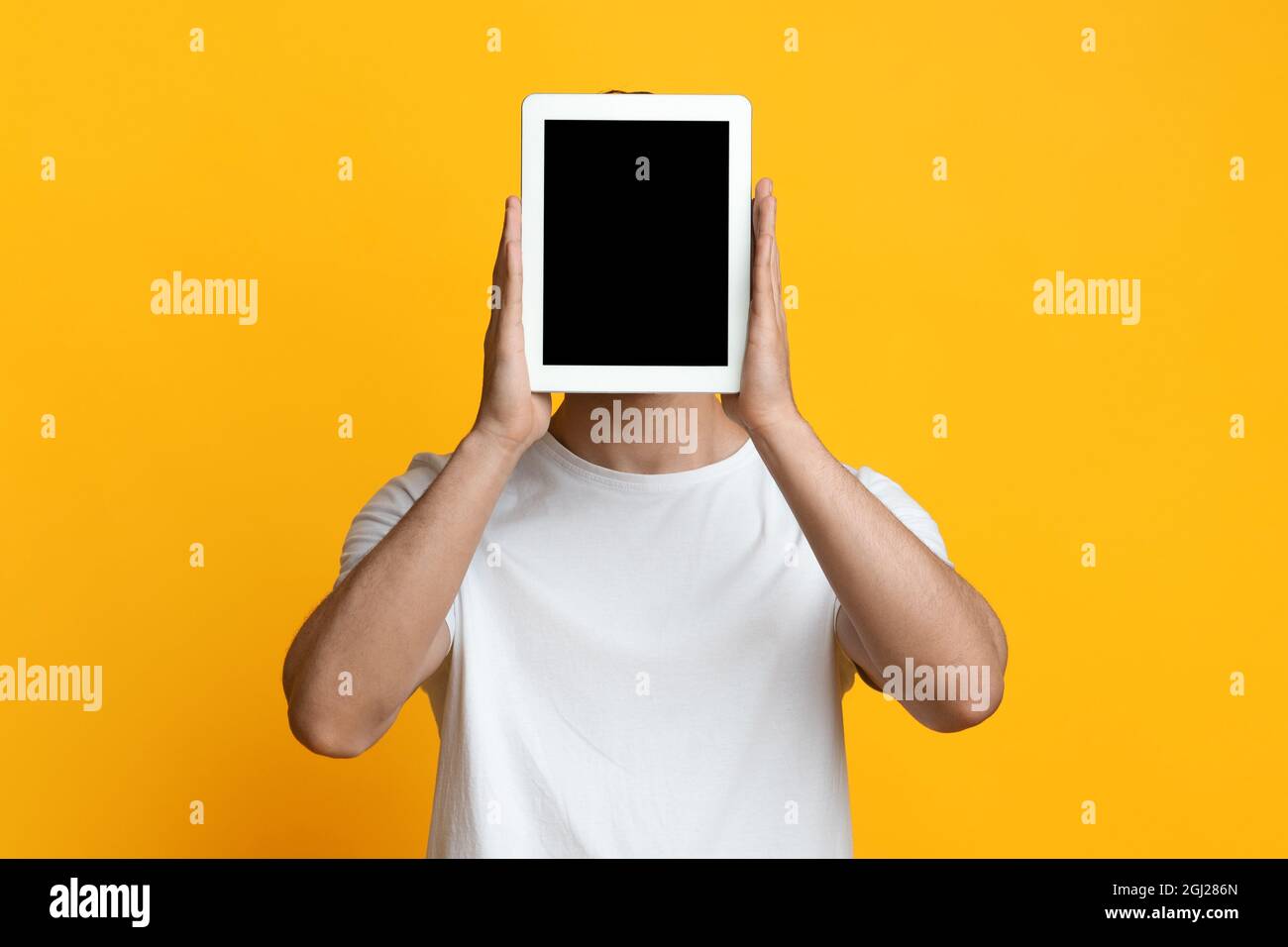 Gadgets addicition, virtual life cocnept. Unrecognizable guy in white t ...