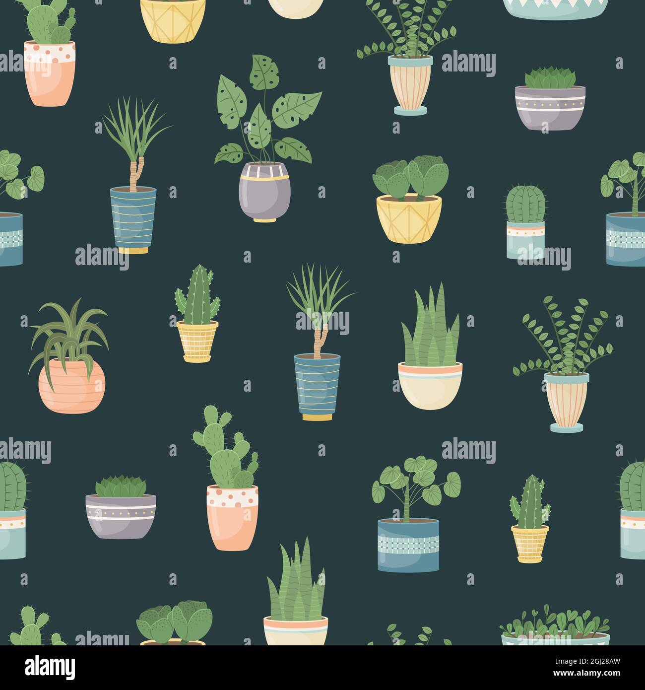 The seamless pattern with house plants in pots. Planting plants ...
