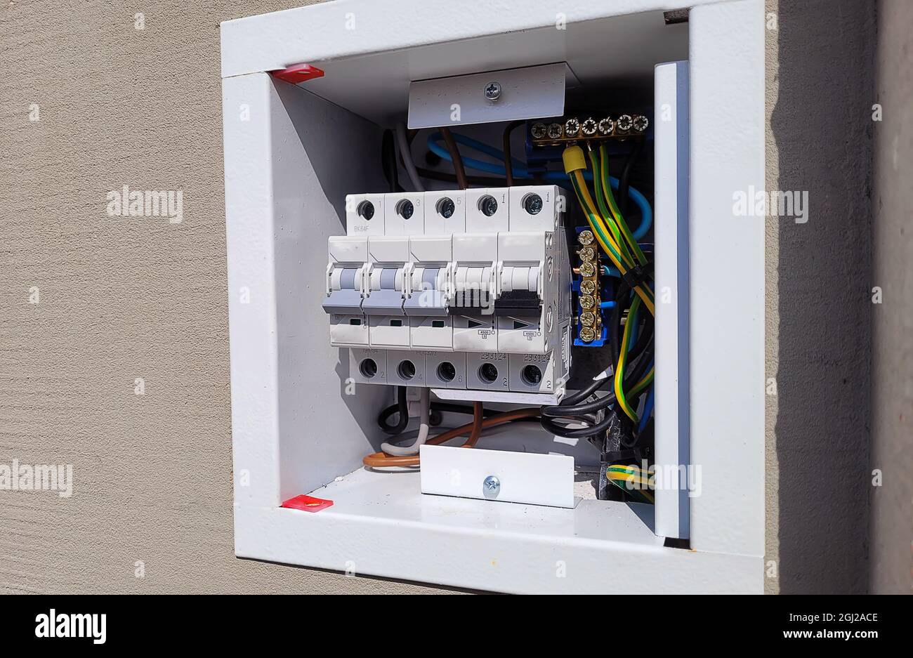 electricity distribution box with wires and circuit breakers (fuse box ...