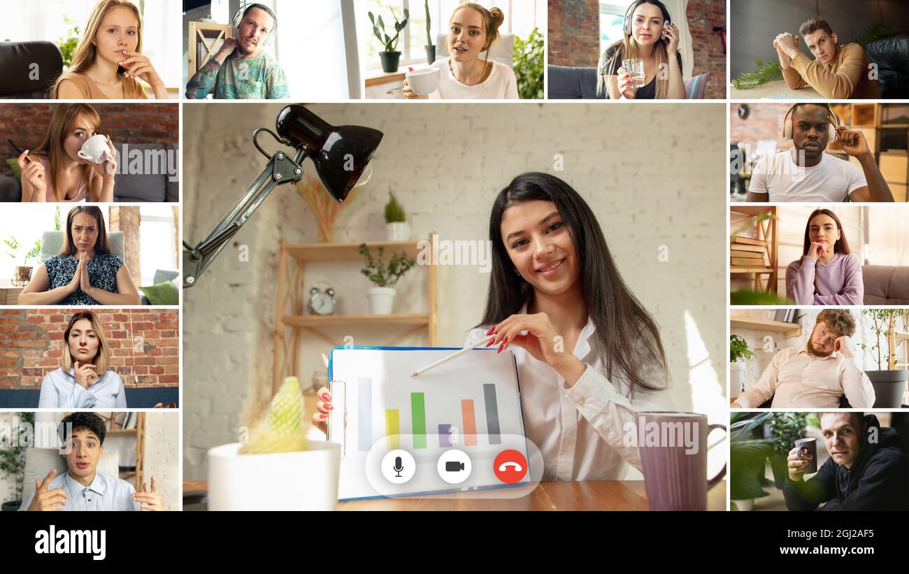 Group of men and women meeting via group video call share ideas ...