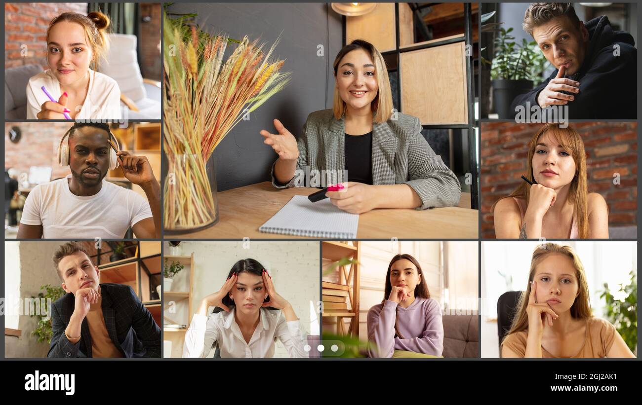 Group of men and women meeting via group video call share ideas ...