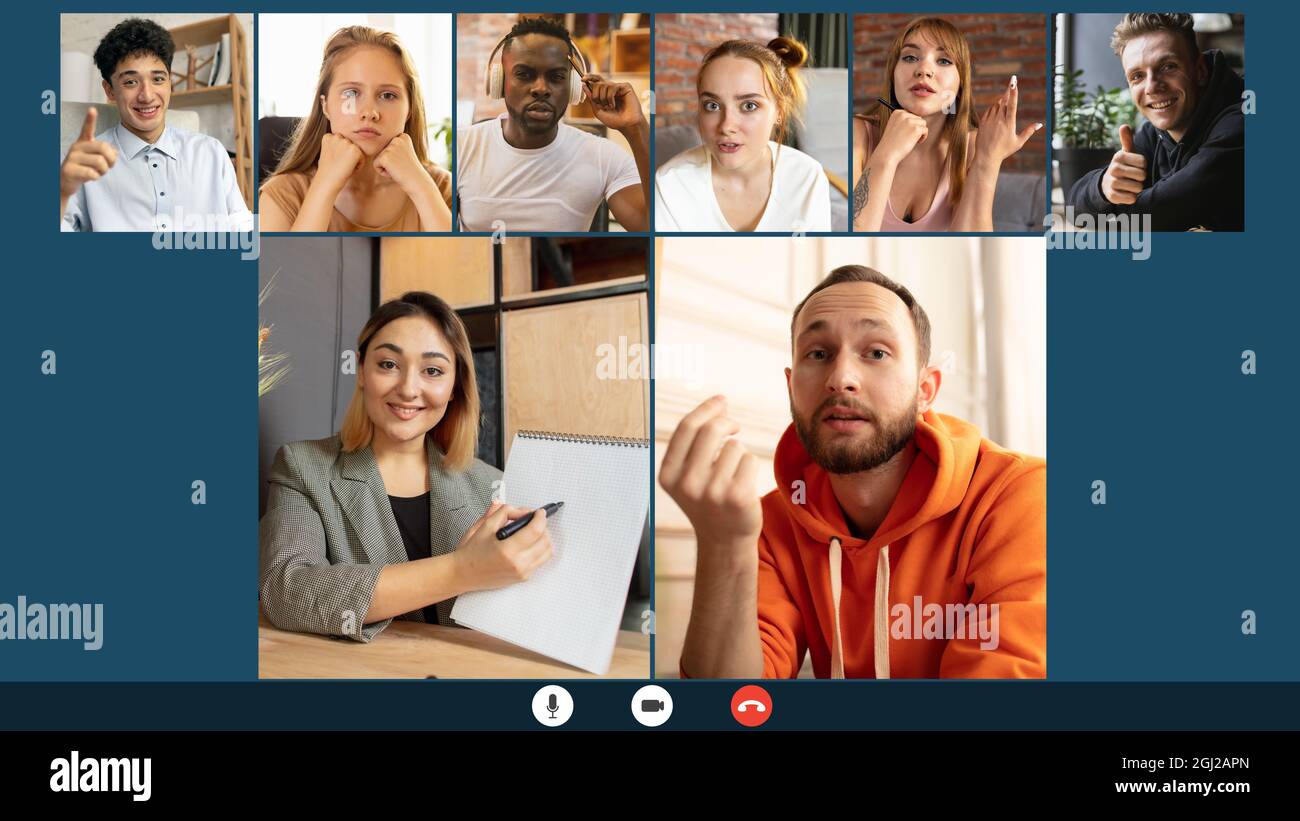 Online dispute. Team working by group video call share ideas ...