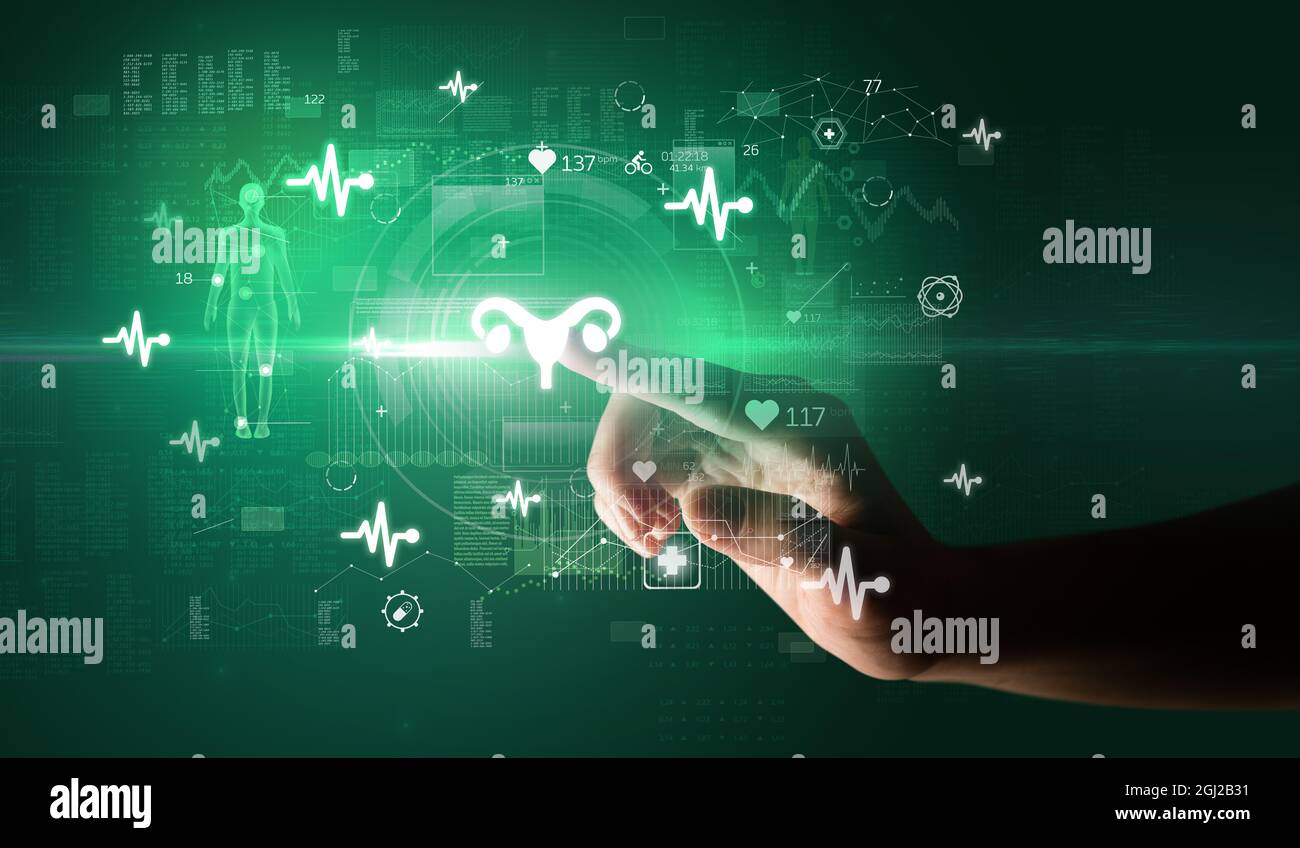 Doctor hand pressing futuristic health device with medical symbol on screen Stock Photo - Alamy