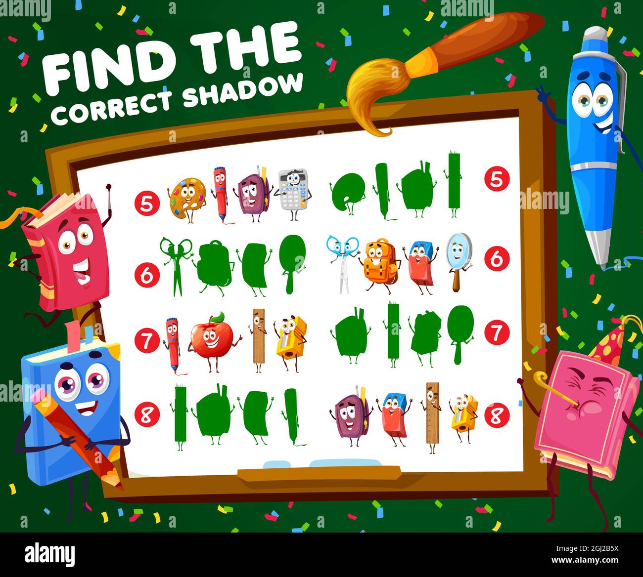 Find correct shadow of school characters kids game worksheet, vector ...
