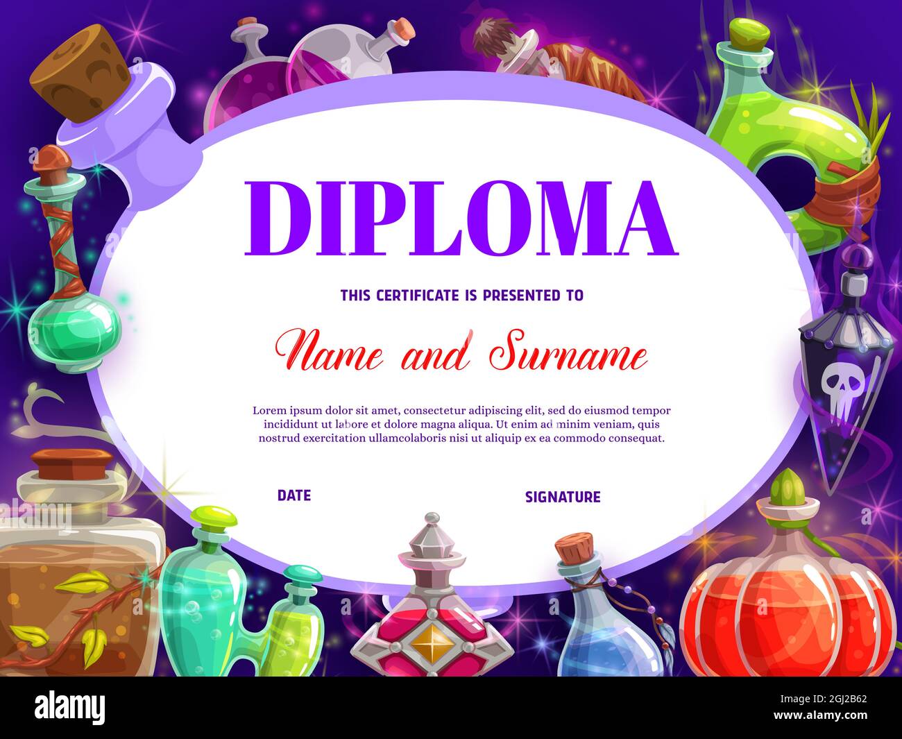 Child diploma with witch magic potions bottles. Sorcerer or wizard ...