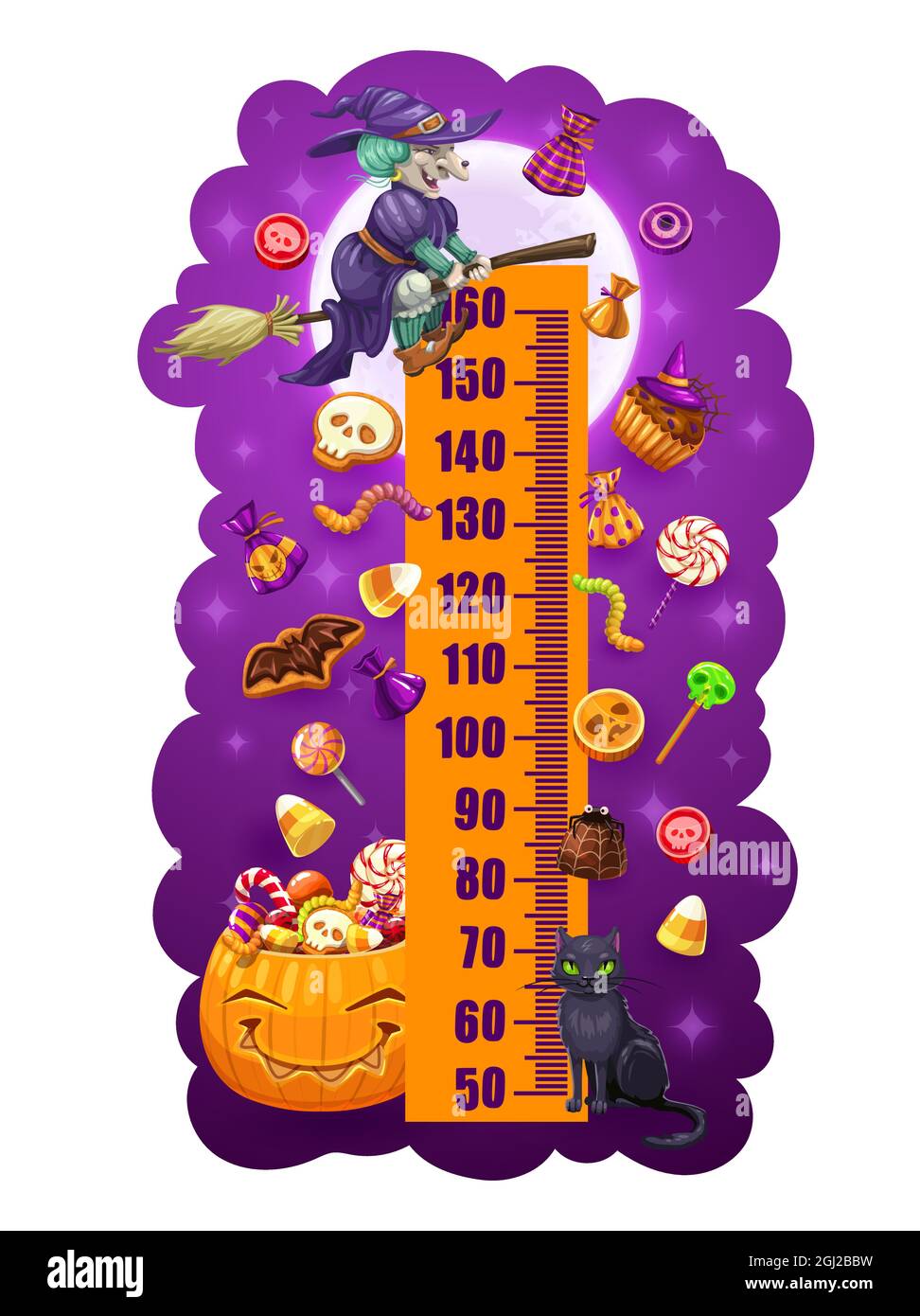 Kids height chart Halloween sweets growth measuring meter, vector scale ...