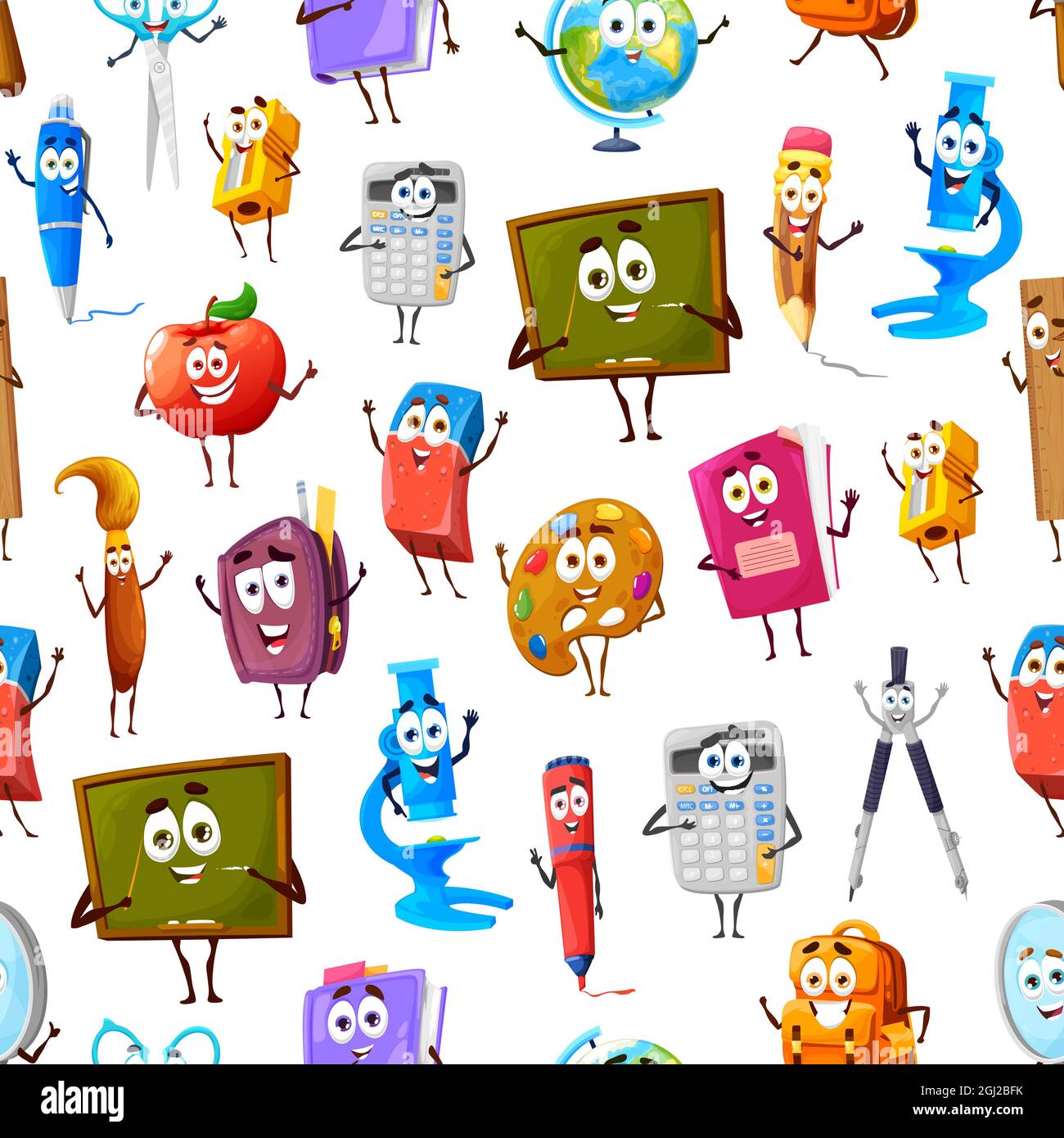 Seamless pattern of cartoon funny school supply characters. Childish ...