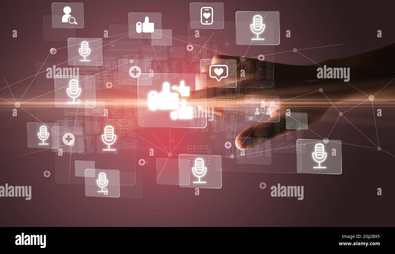 Hand pressing social media multimedia application screen with media ...