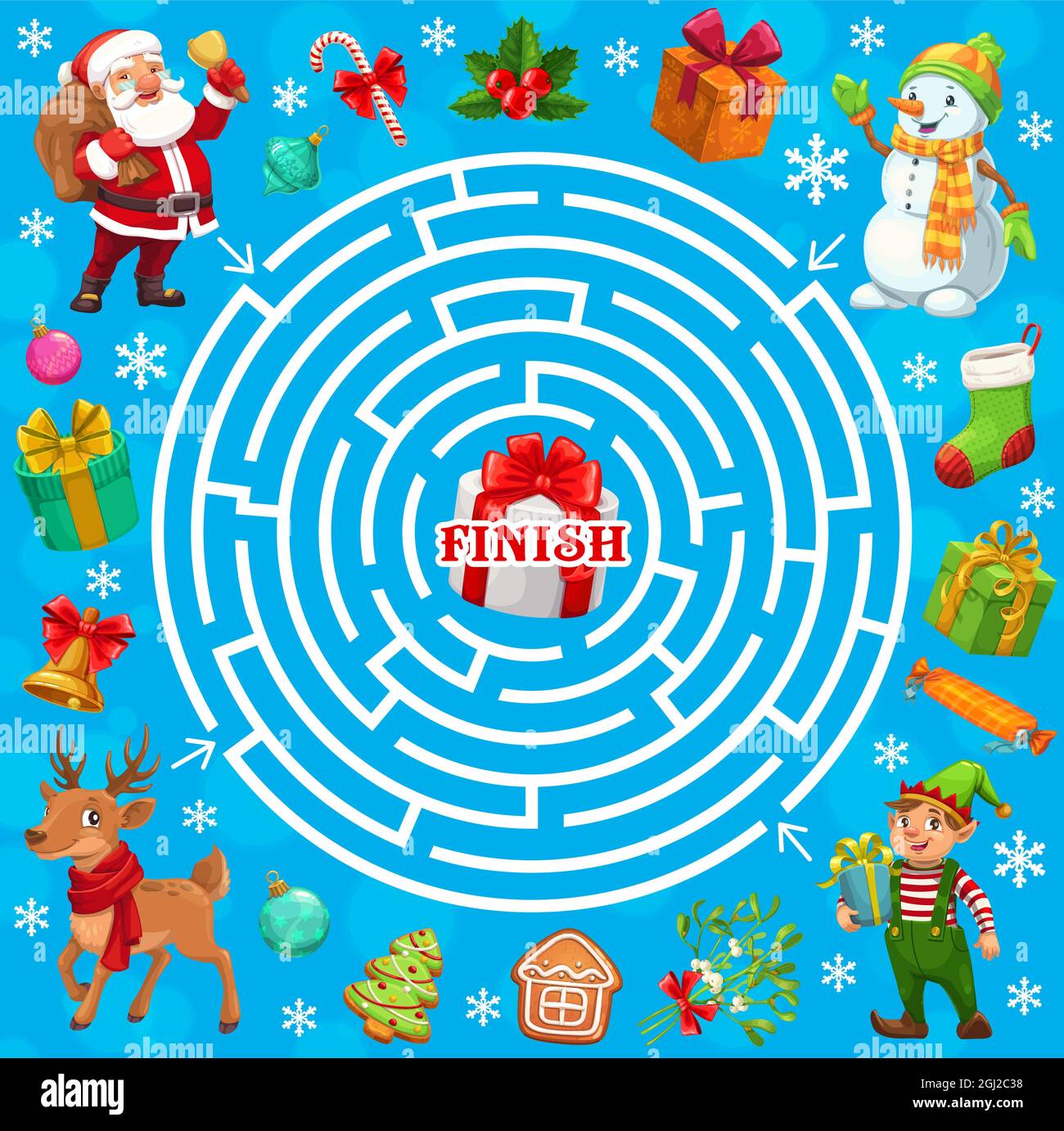 Christmas holiday labyrinth maze game with vector Santa, Xmas elf and ...