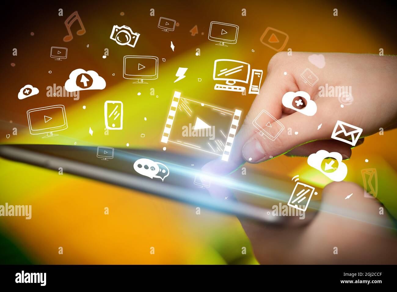 Close-up of a touchscreen with hand drawn icons Stock Photo - Alamy