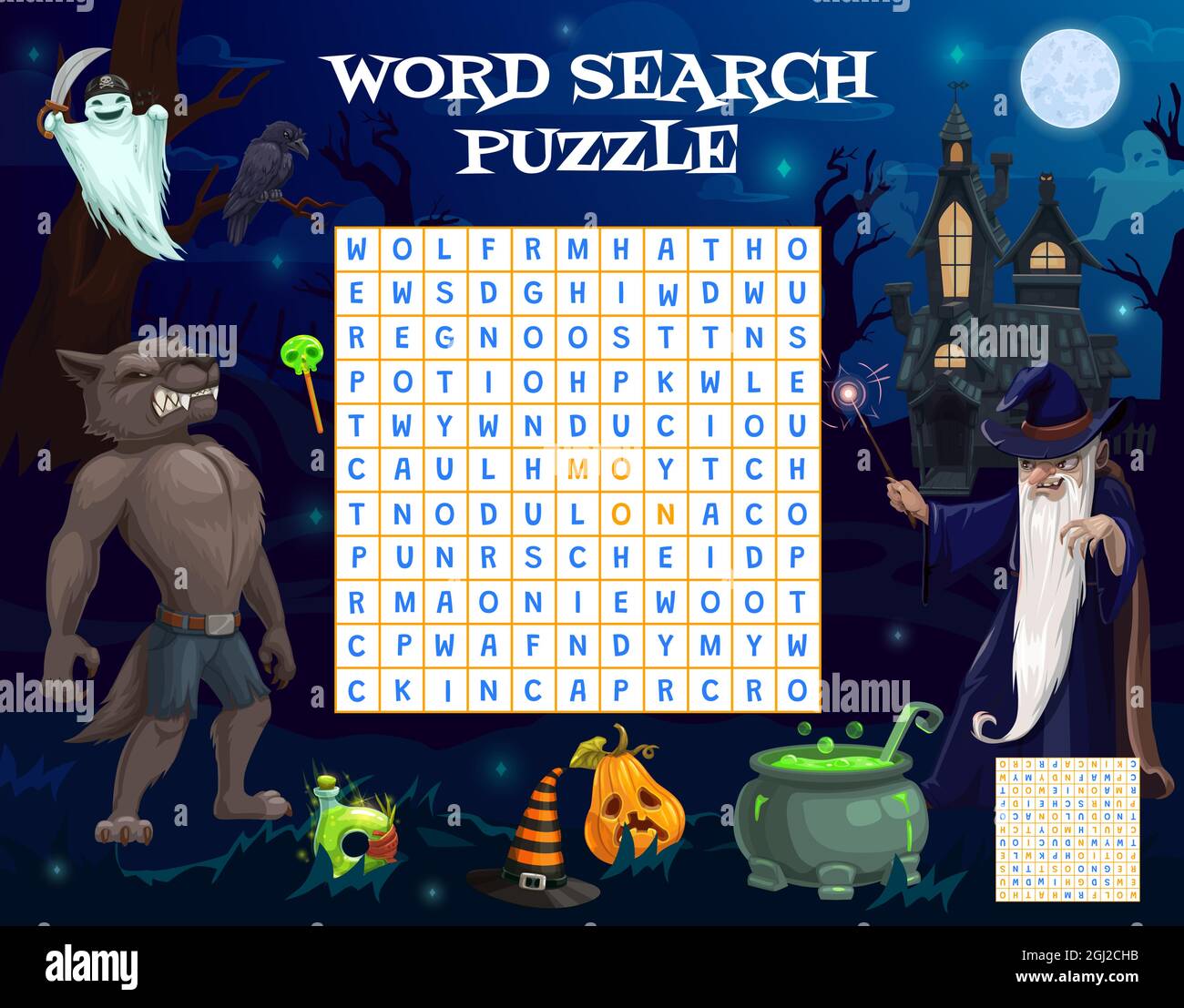 Halloween word search game worksheet with sorcerer, werewolf, ghost and ...