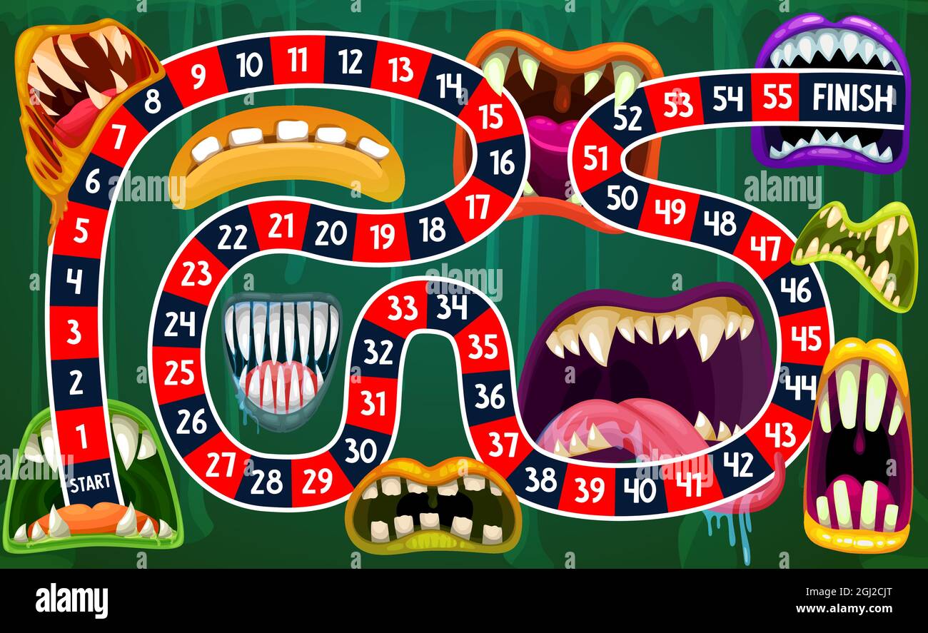 Children board game with vector path through Halloween monster mouths ...