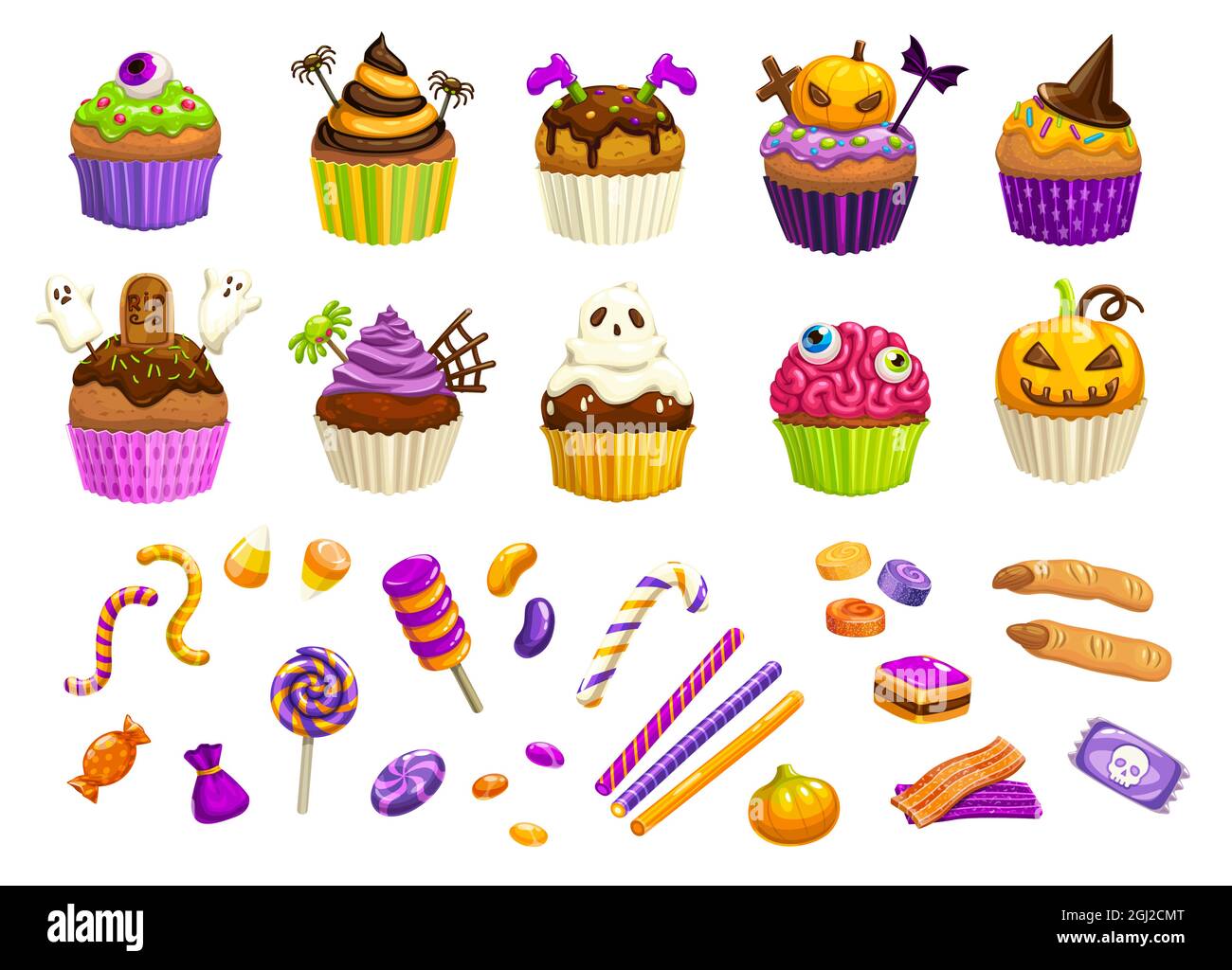 Cartoon Halloween sweets, cupcakes and witch fingers, candy corns ...