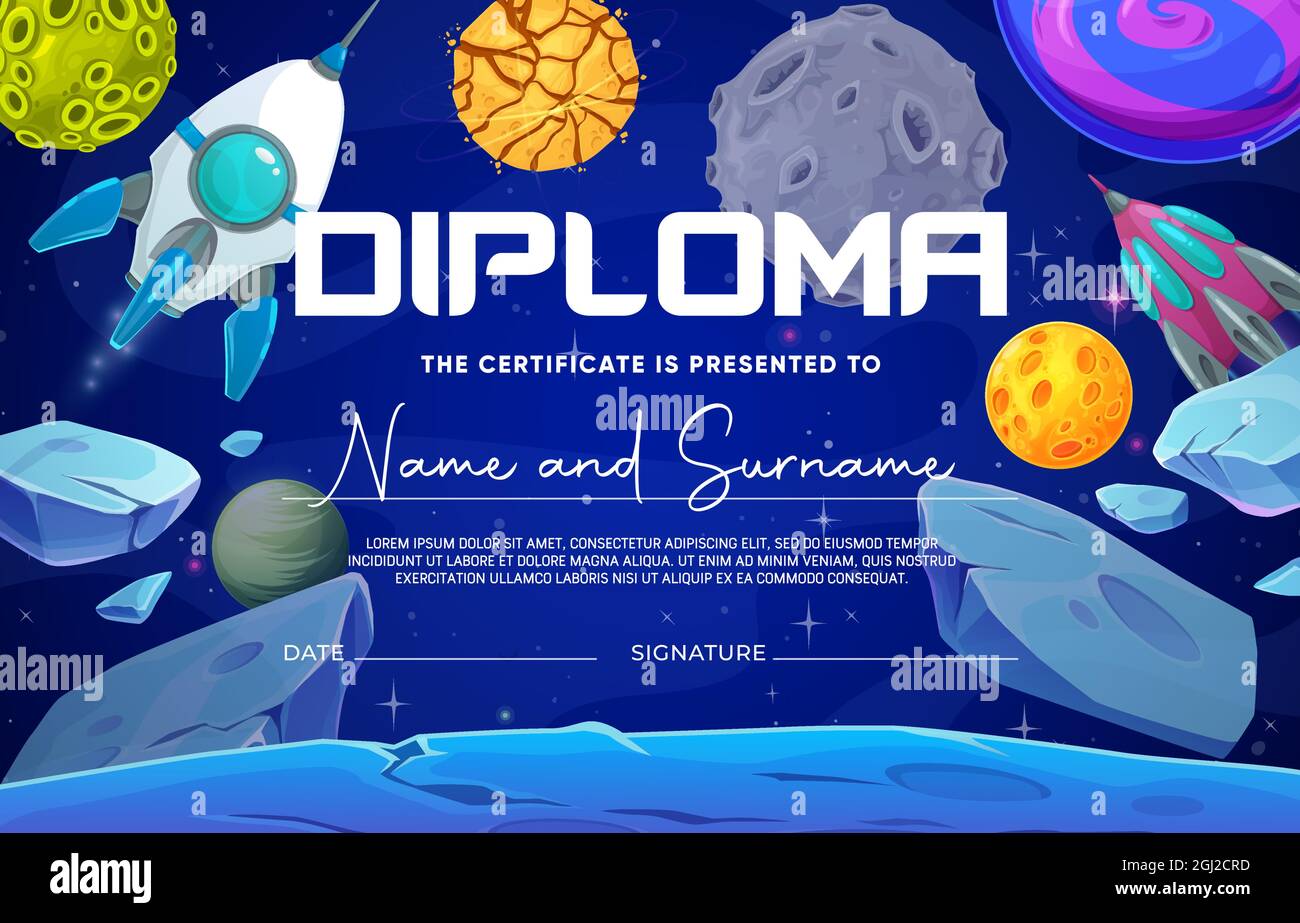 Kids diploma, cartoon space blue planet with asteroids and spaceships ...