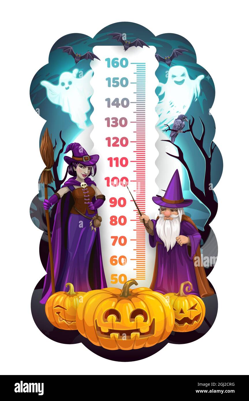 Halloween kids height chart with cartoon wizard and witch. Child growth ...