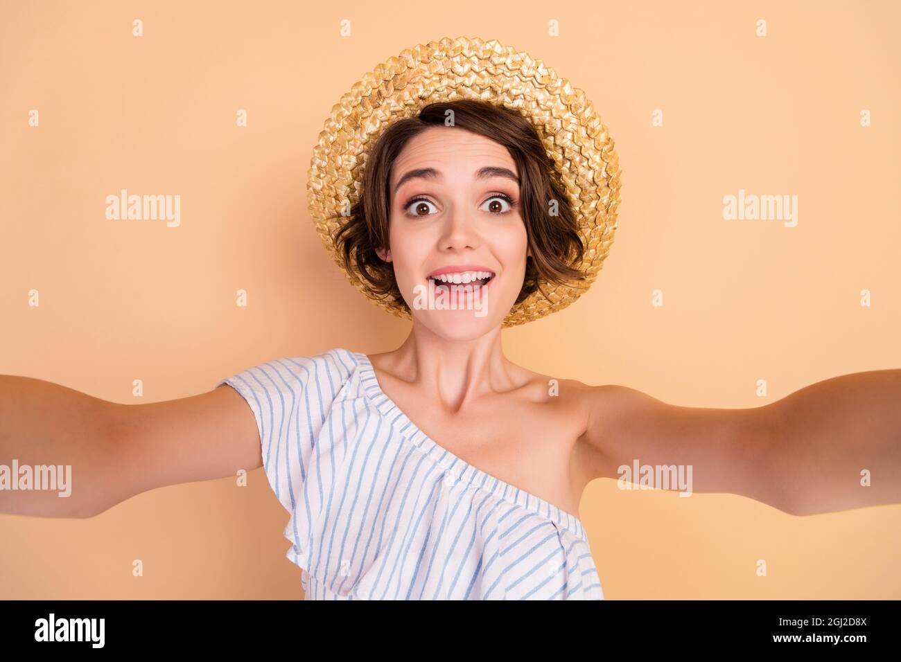 Photo of young attractive girl happy positive smile make selfie sunhat ...