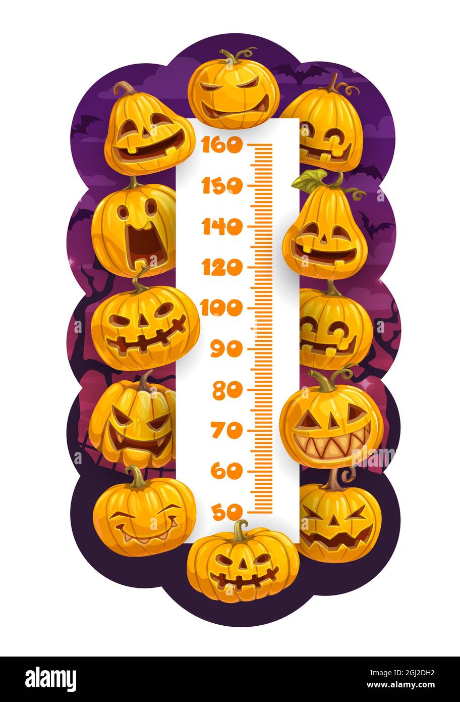 Halloween cartoon pumpkins kids height chart. Vector growth meter wall ...