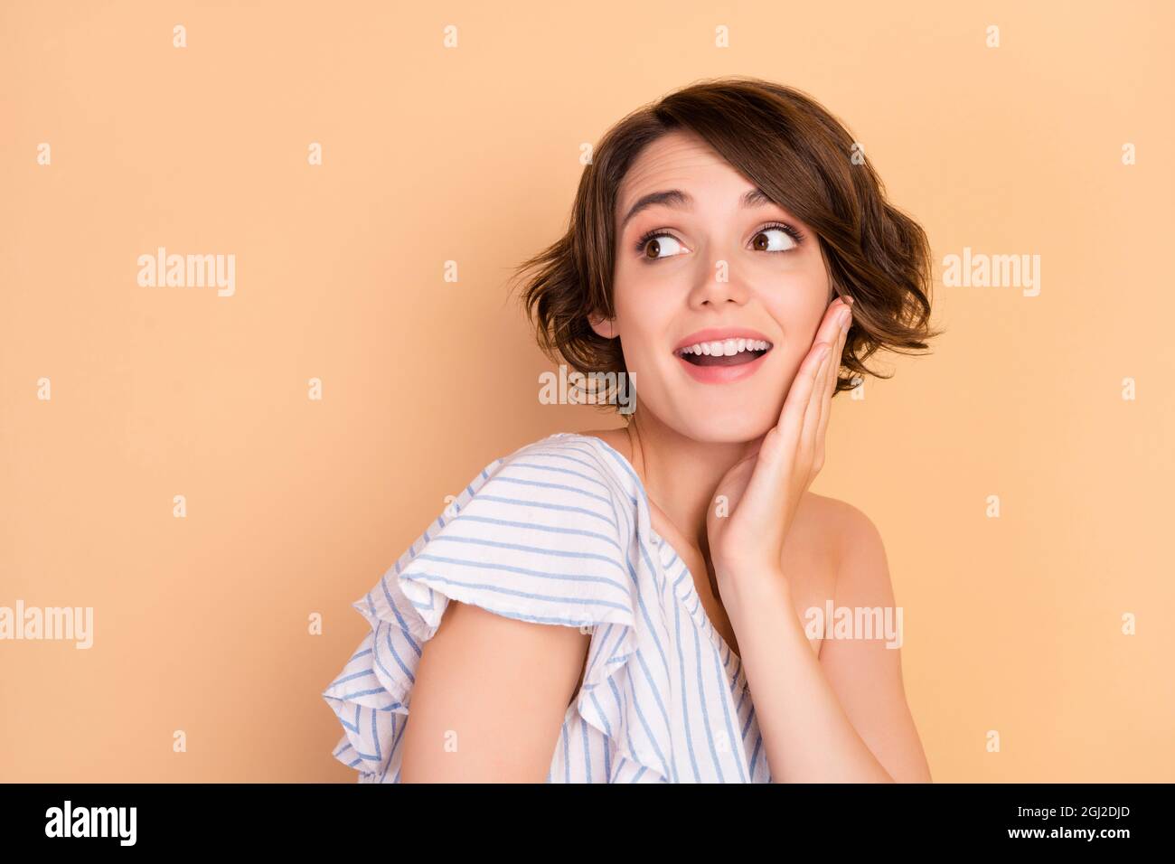 Profile side photo of young girl happy positive smile hand touch cheek ...