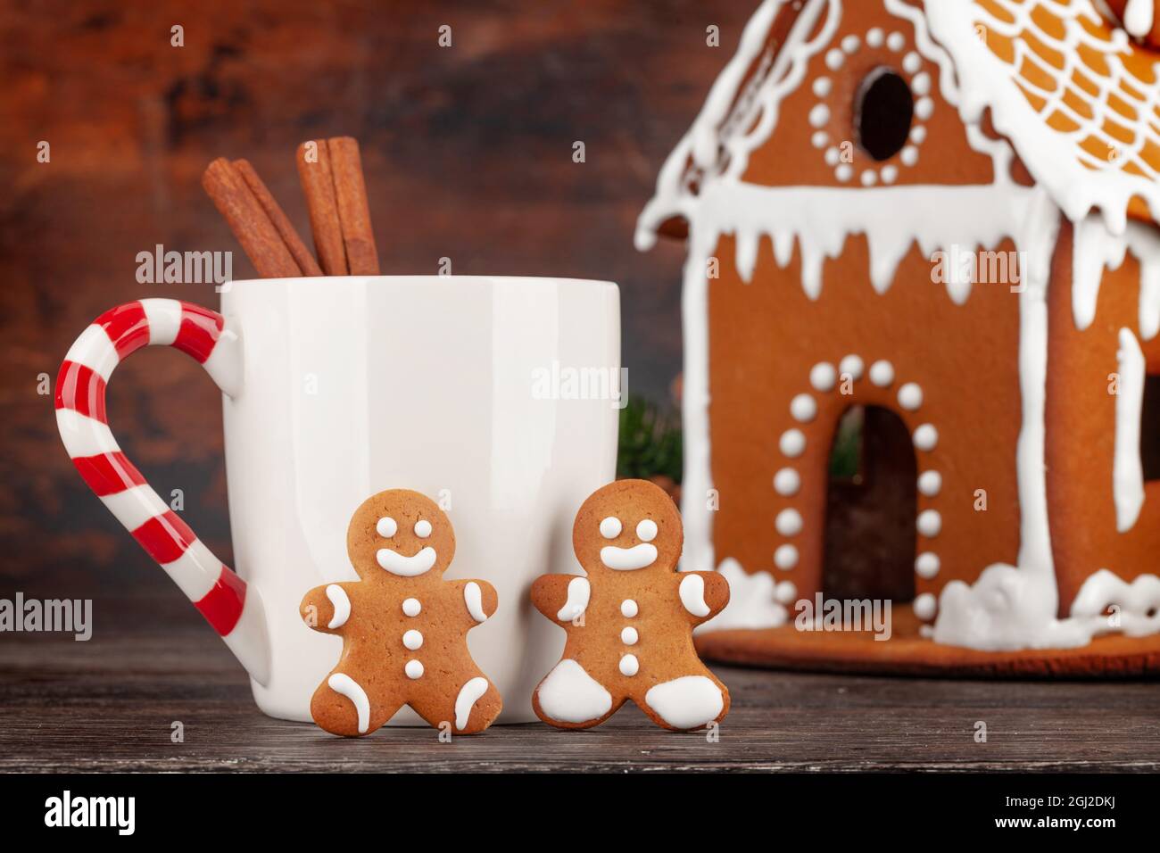 Christmas greeting card with gingerbread house, mulled wine and ...