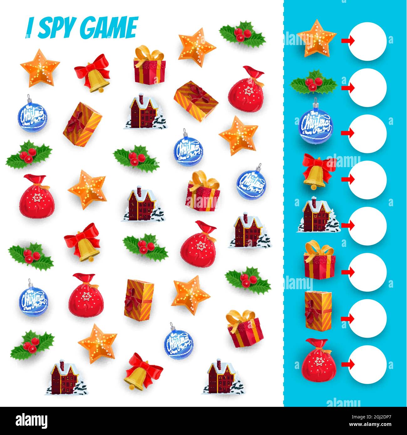 I spy game children education vector template of Christmas gifts ...