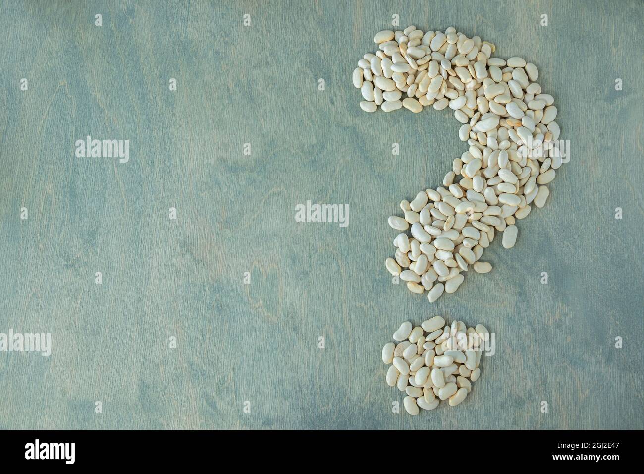 top view on white beans shaped like question mark. white beanson green ...