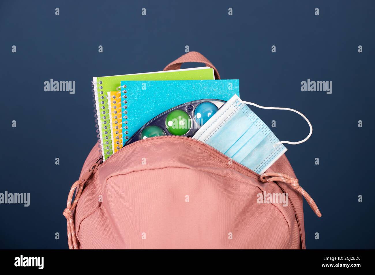 Backpack with school supplies and medical mask. COVID-19 prevention ...