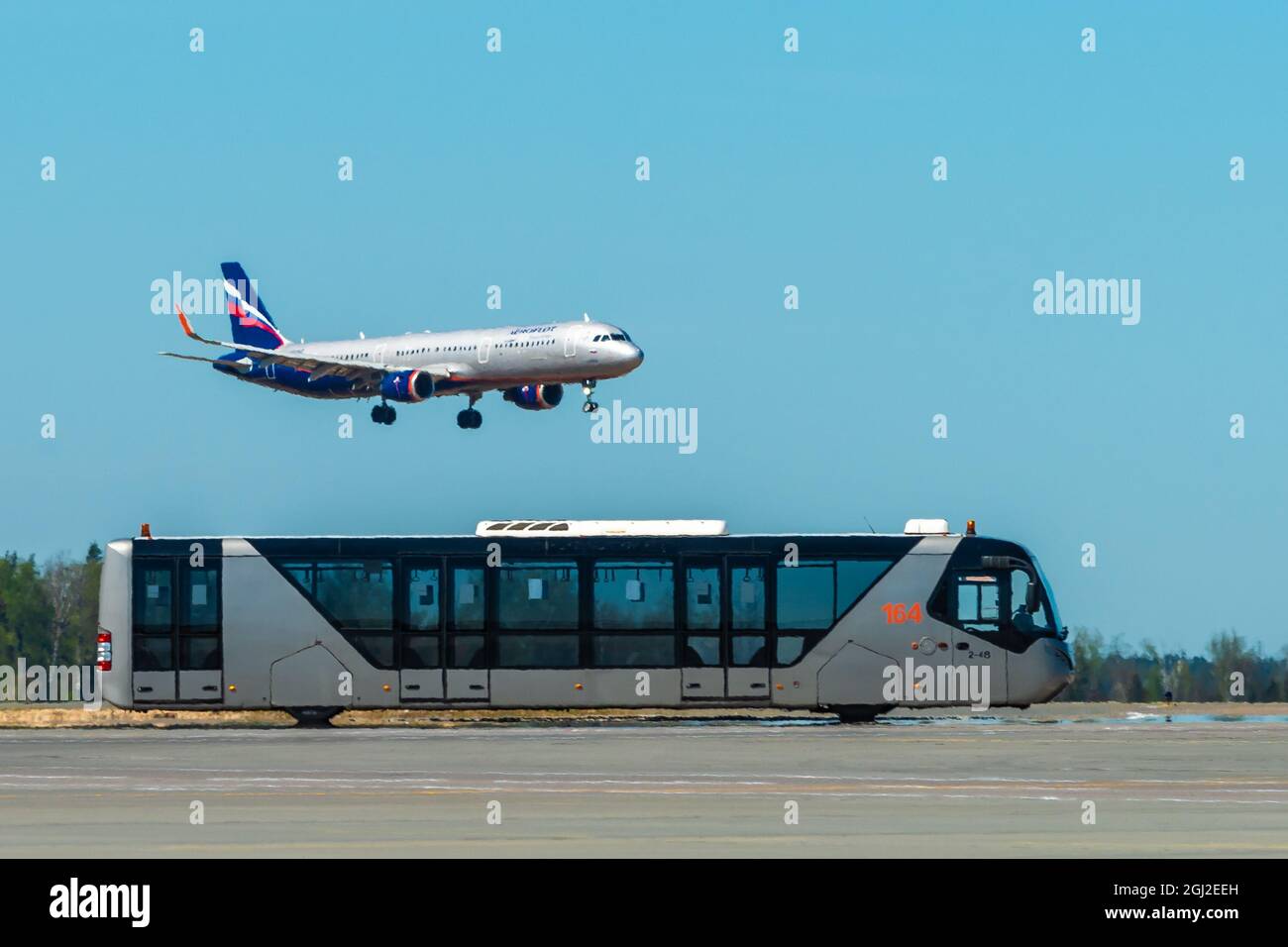 May 11, 2021, Moscow, Russia. Apron bus on the airfield of Sheremetyevo ...