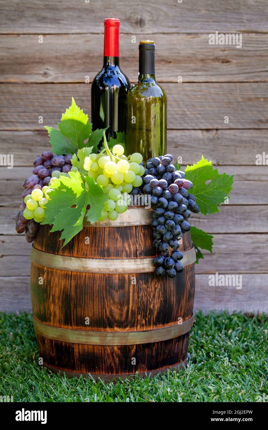 Various colorful grapes and wine bottles on wine barrel on outdoor ...