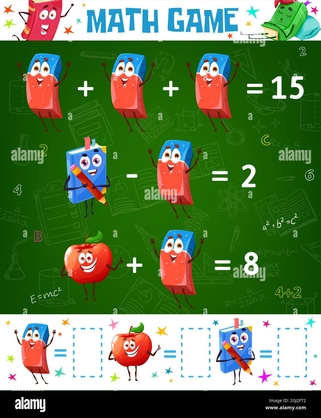 Math game worksheet, cartoon eraser, red apple and school textbook ...