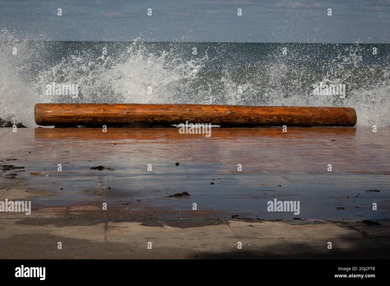 Logs came from another city's flood by sea. Splashing by waves Stock ...