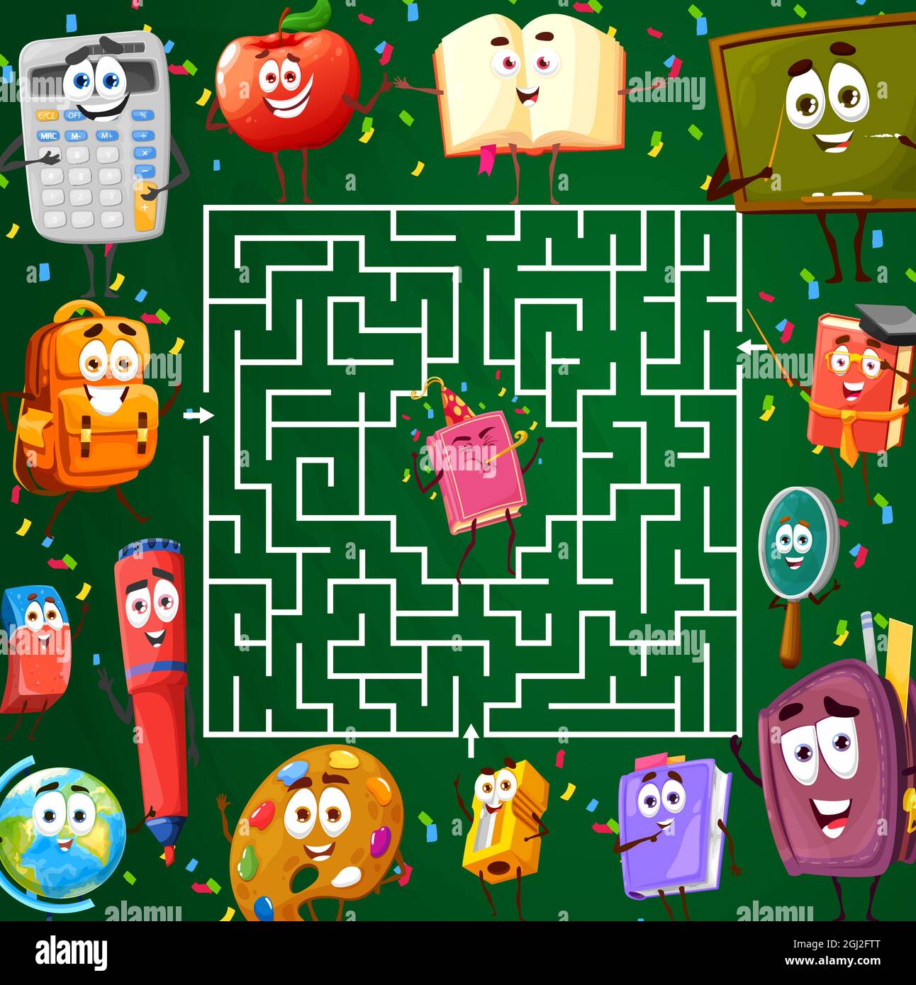 Labyrinth maze with school characters, kids riddle worksheet game ...